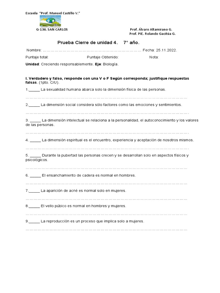 Prueba 7mo Unidad 4 Adaptada | PDF | Procesos biologicos | Reproducción sexual