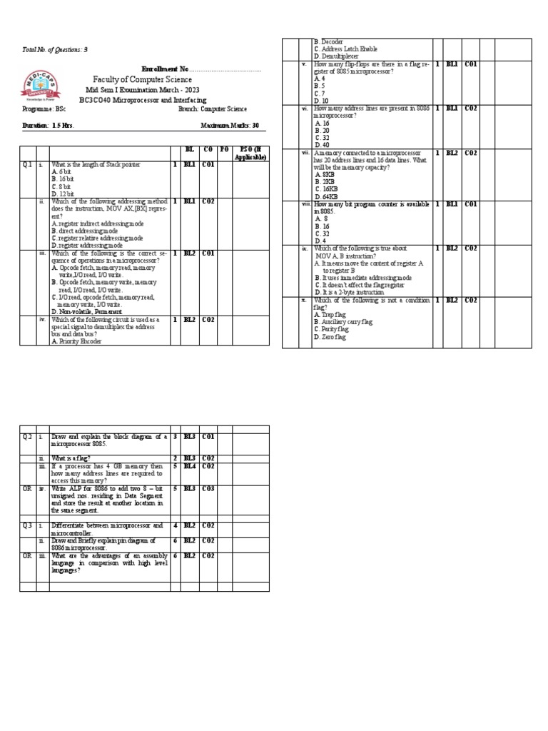BSc Microprocessor Exam Questions | PDF | Computer Science | Central Processing Unit