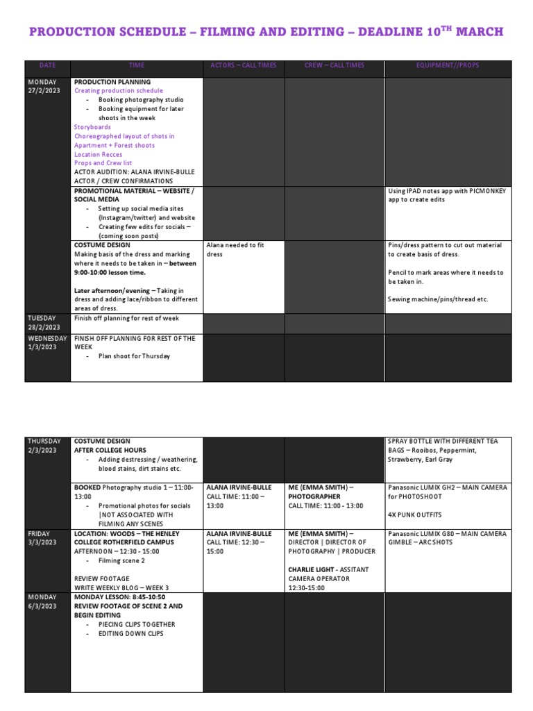 Production Schedule Music Video | PDF