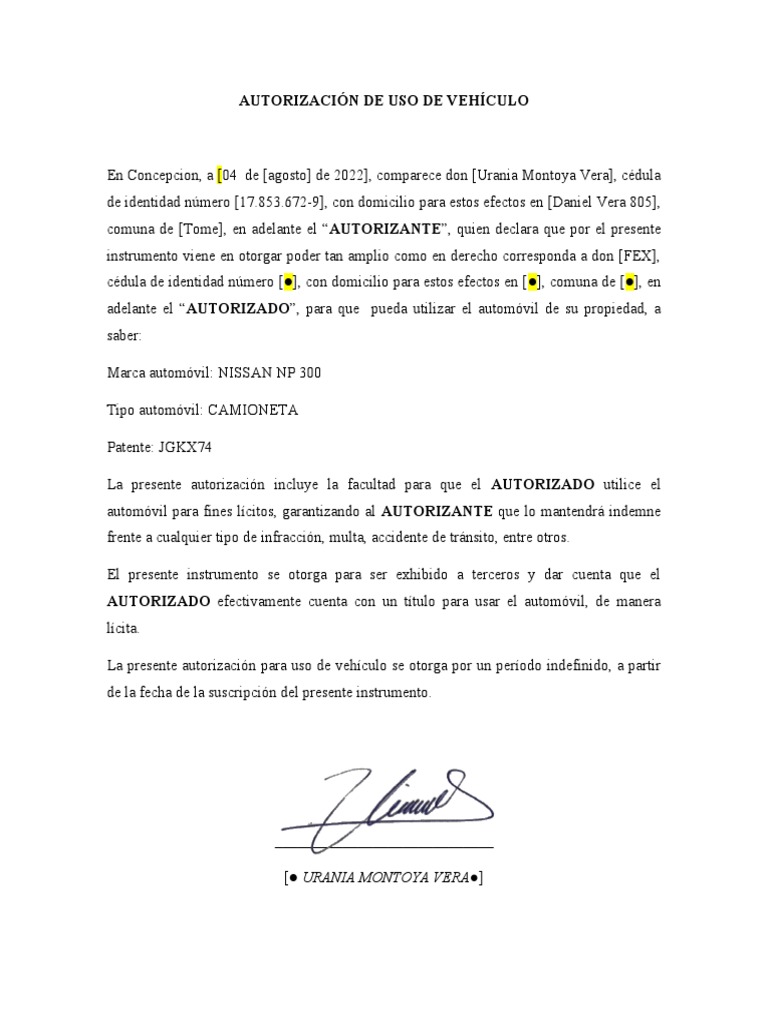 Autorizacion Uso Vehiculo | PDF