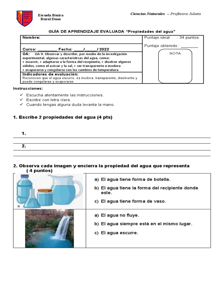 Guía de Trabajo El Agua | PDF | Agua | Química