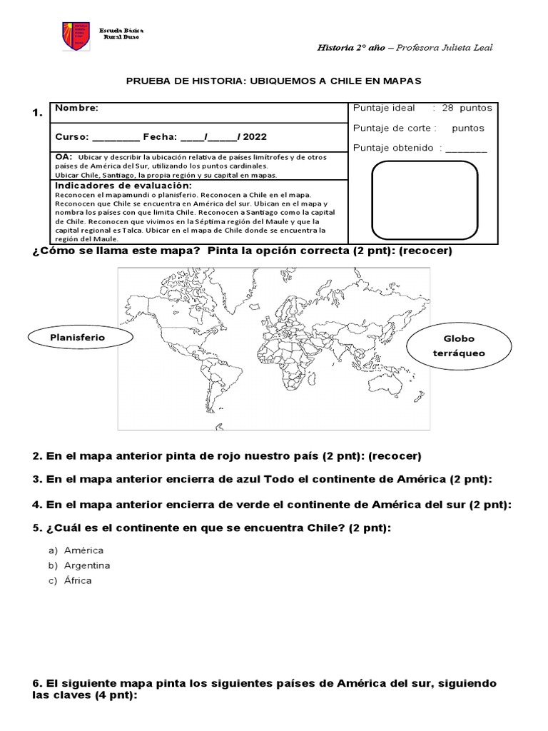 Prueba Historia 2° Chile en Mapas | PDF | Chile | Américas