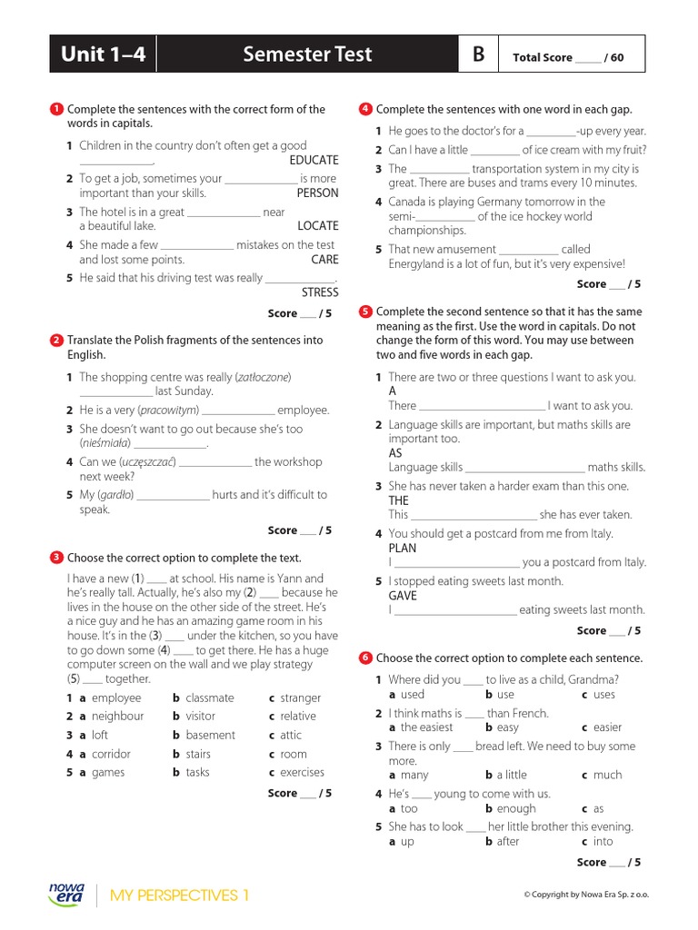 Unit 1-4, Test Semestralny - Grupa B - Standard | PDF