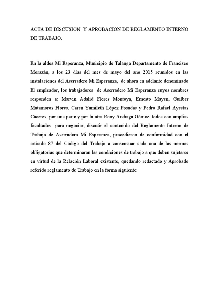 Acta de Discusion y Aprobacion de Reglamento Interno de Trabajo Aserradero Mi Esperanza | PDF