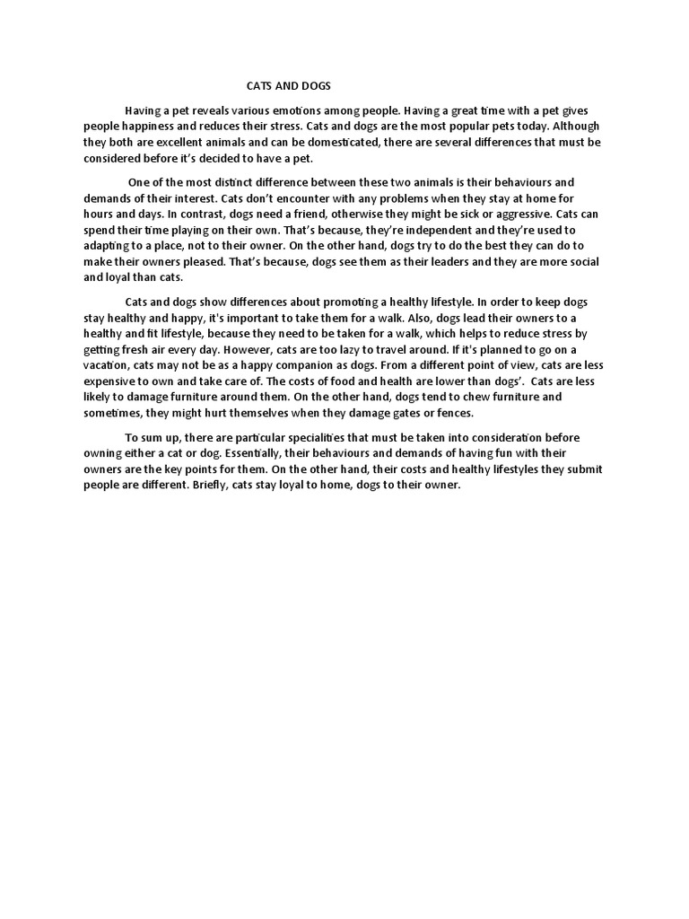 Compare and Contrast Essay - Cats Vs Dogs | PDF