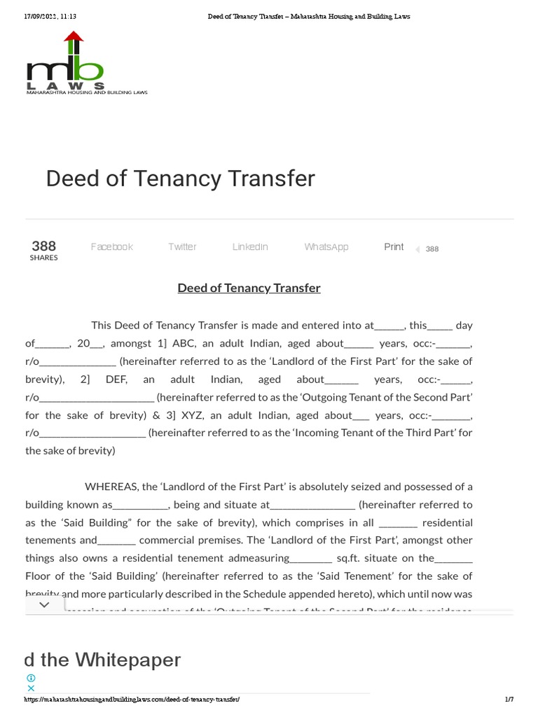 Deed of Tenancy Transfer - Maharashtra Housing and Building Laws | PDF ...
