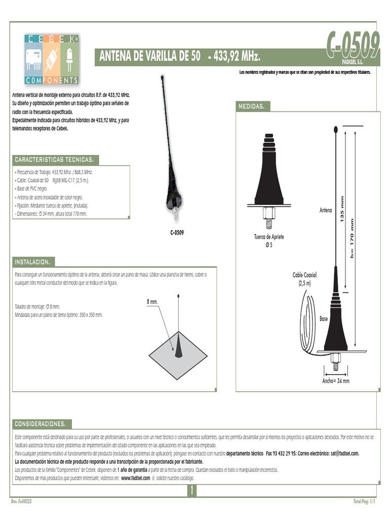 Antena de Varilla C-0509 para 433,92 MHz | PDF | Antena (Radio) | Cable ...