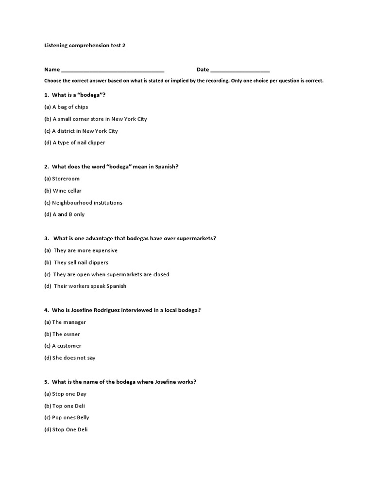 Listening Comprehension Test 2 Corner Stores | PDF | Convenience Store
