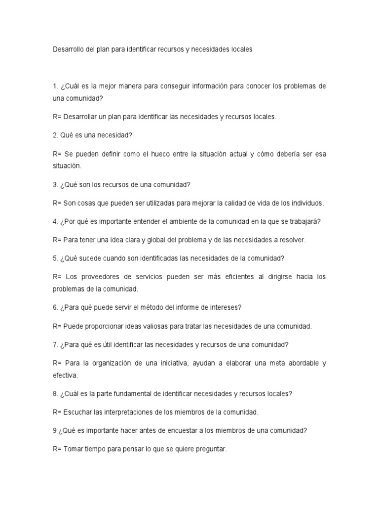 Desarrollo Del Plan para Identificar Recursos y Necesidades Locales | PDF
