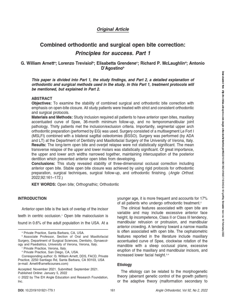 Arnett Combined Orthodontic and Surgical Open Bite Correction | PDF | Orthodontics | Mouth