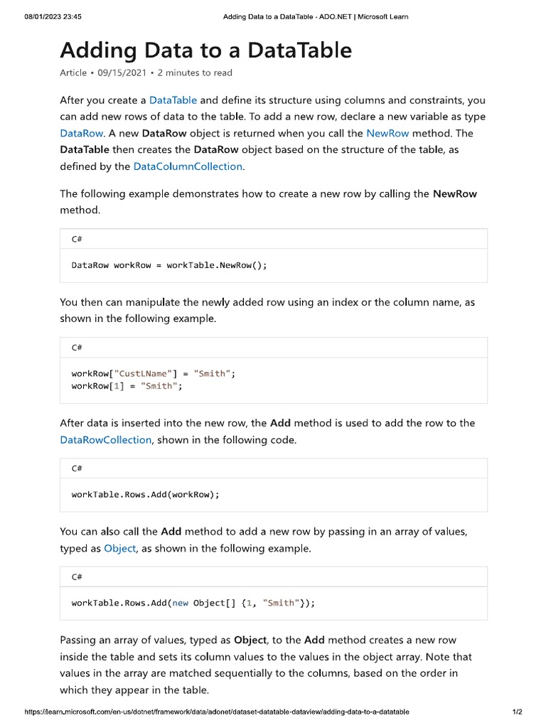 Adding Data To A DataTable | PDF