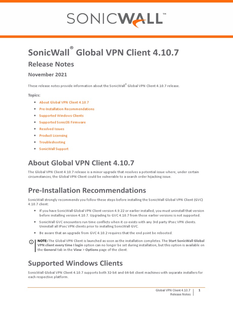 232-005782-00 RevA GlobalVPNClient 4.10.7 ReleaseNotes | PDF | Firewall ...