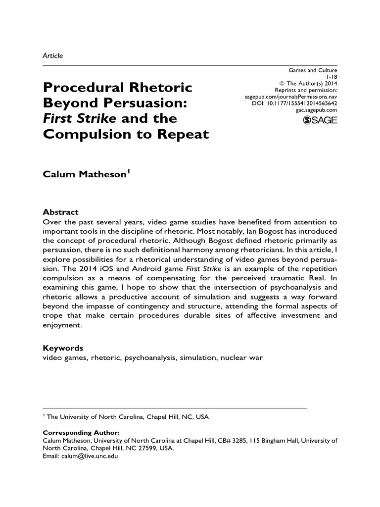 Procedural Rhetoric Beyond Persuasion - First Strike and The Compulsion ...