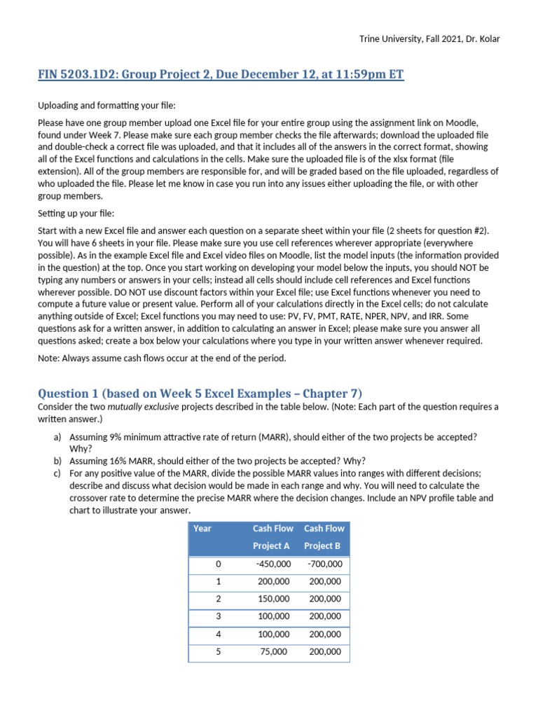 Duane Group Project 2 Questions and Instructions FIN 5203 1D2 FA21 | PDF