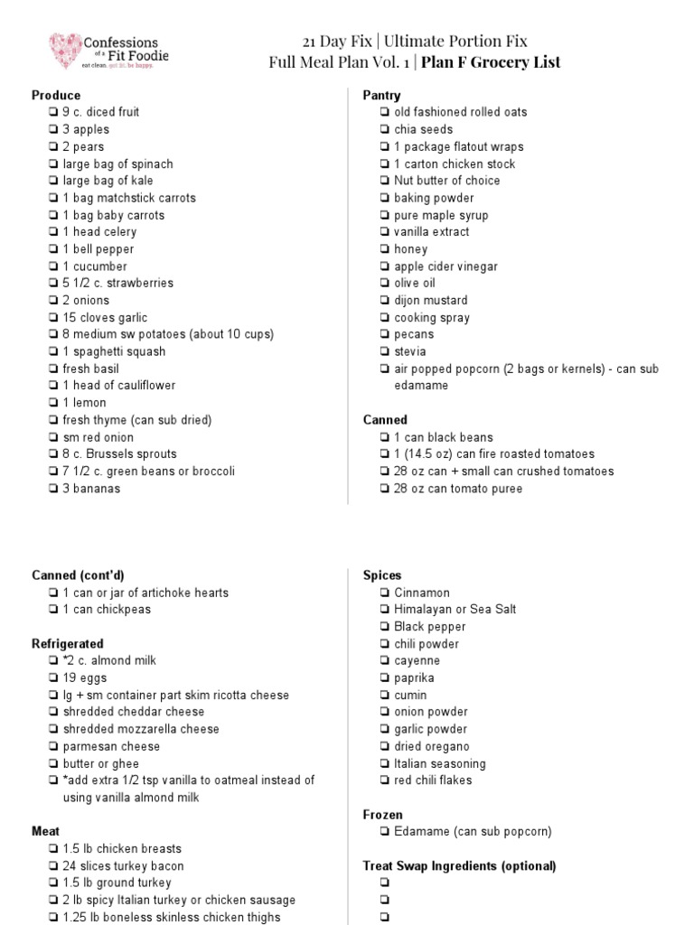 Plan F Grocery List Full Meal Plan Vol. 1 - Compressed | PDF | Sausage ...