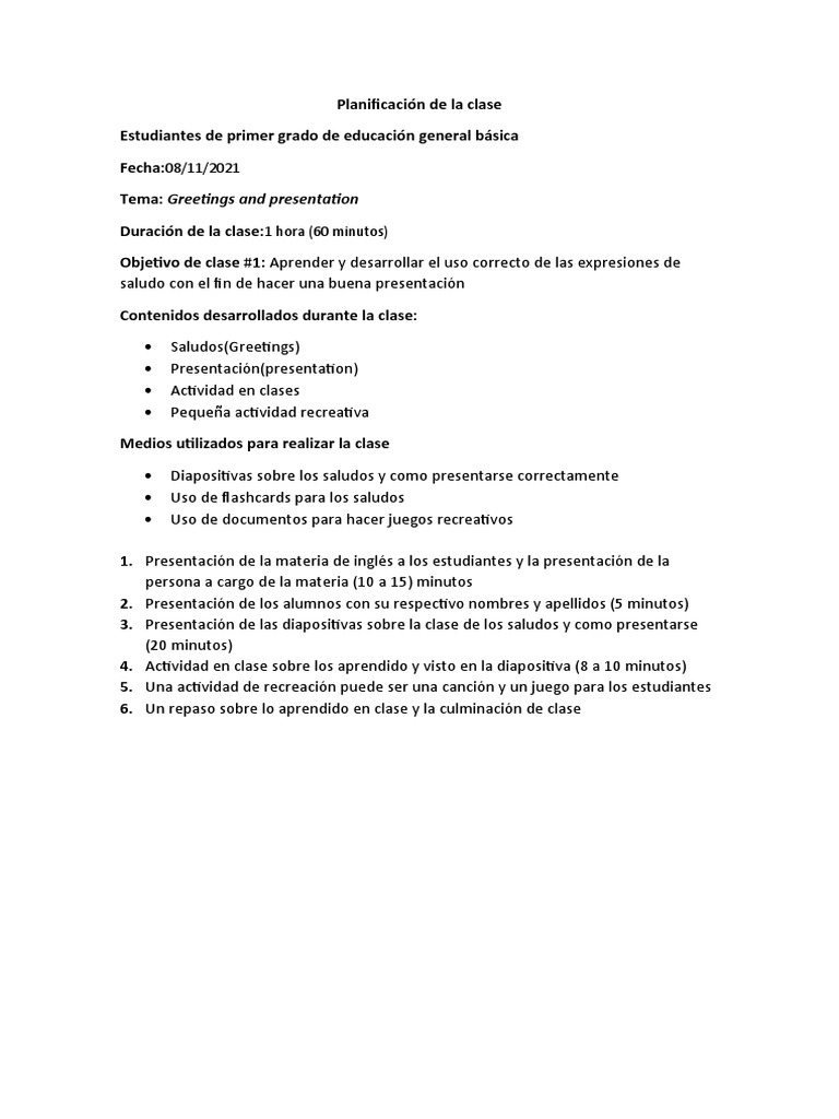 Pasantias Planificacion de La Clase 1 | PDF