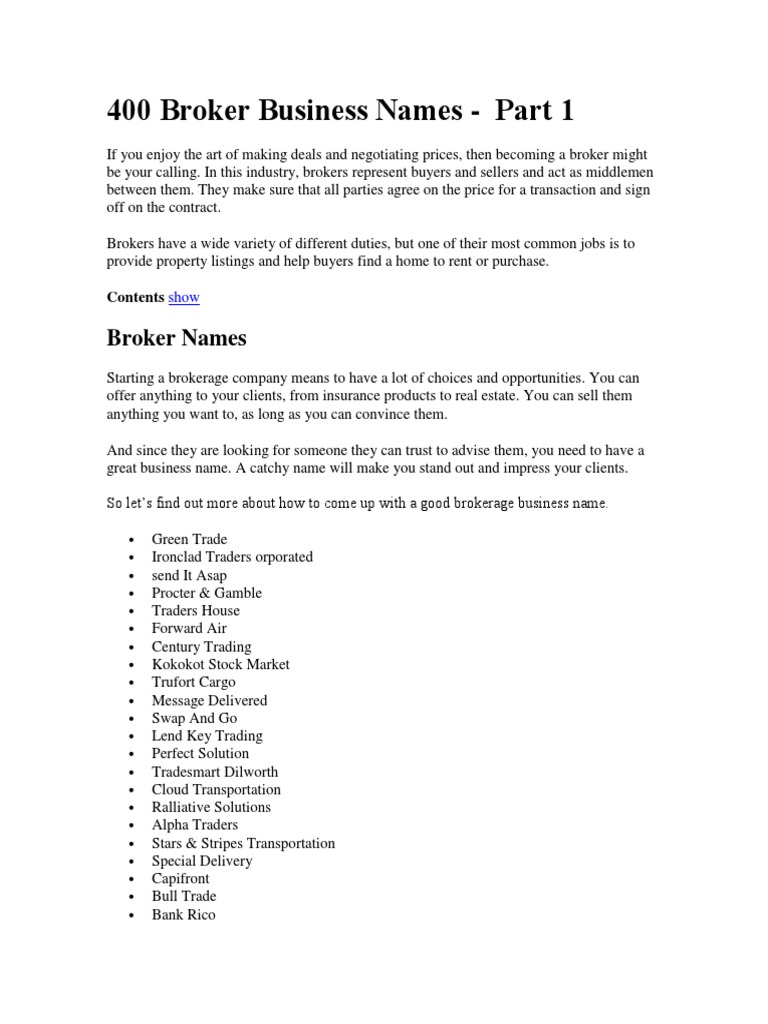 400 Broker Business Names - Part 1 | PDF | Stocks | Broker