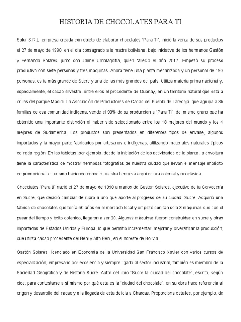 Historia de Chocolates "Para Ti" | PDF | Chocolate | Bolivia