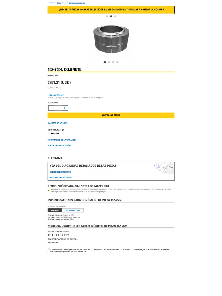 Cojinete Manguito Cat 152-7554 Detalles | PDF