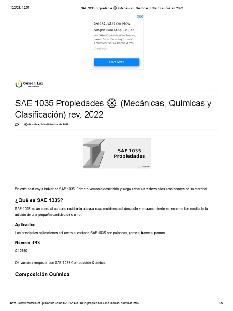 SAE 1035 Propiedades (Mecánicas, Químicas y Clasificación) Rev. 2022 | PDF | Química ...