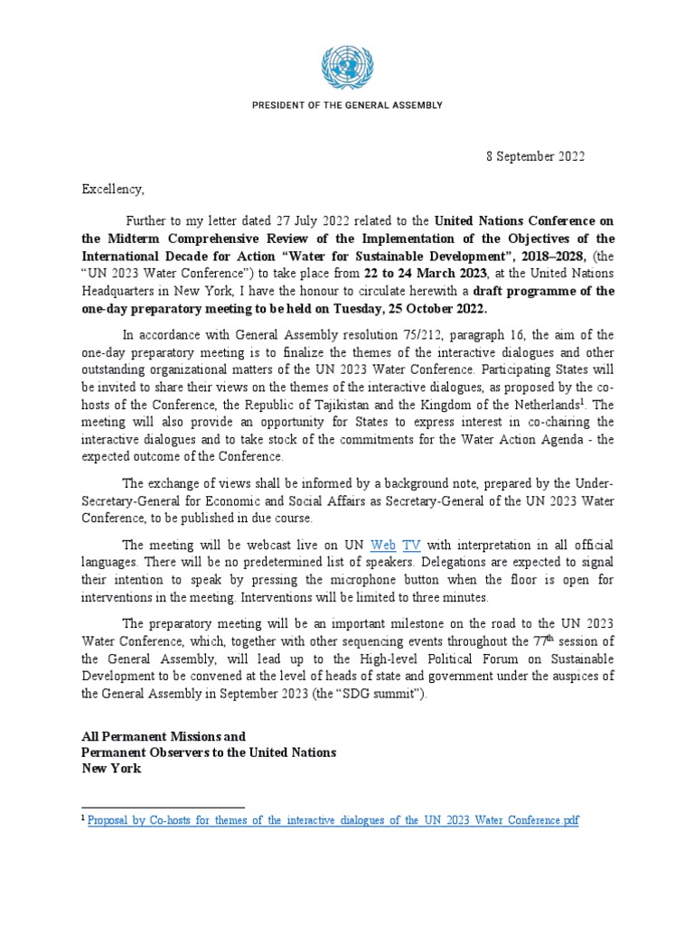 PGA Letter - Invitation UN Water Conference - Preparatory Meeting - 25 ...