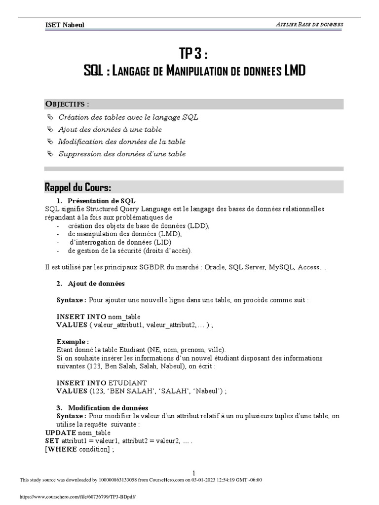 TP3 BD PDF | PDF | SQL | Informatique