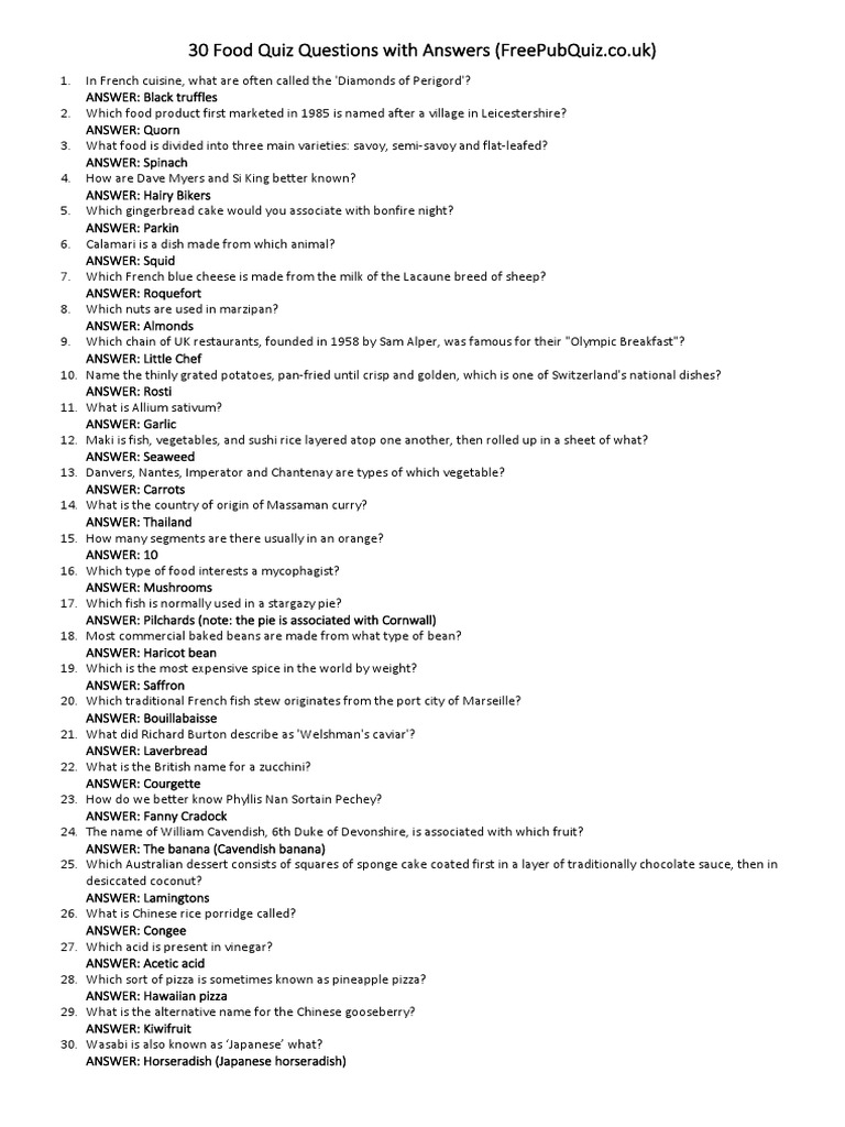 Food Quiz: 30 Questions & Answers | PDF | Sushi | Cooking
