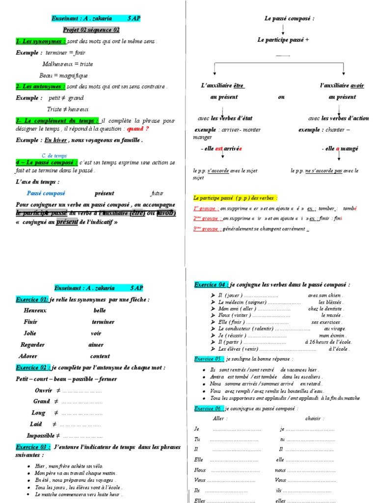 Exercices sur le passé composé 5AP | PDF | Verbe | Nombre grammatical