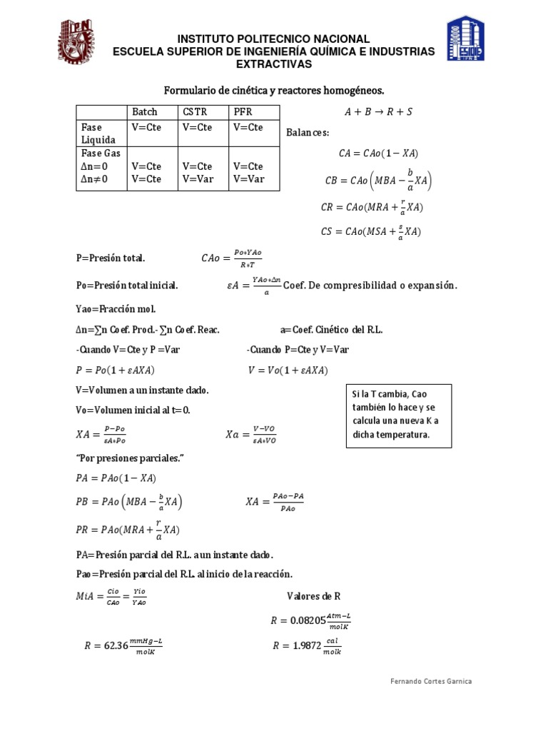 Formulario de Cinética y Reactores Homogéneos | PDF | Reactor Quimico | Mecánica de Medios Continuos