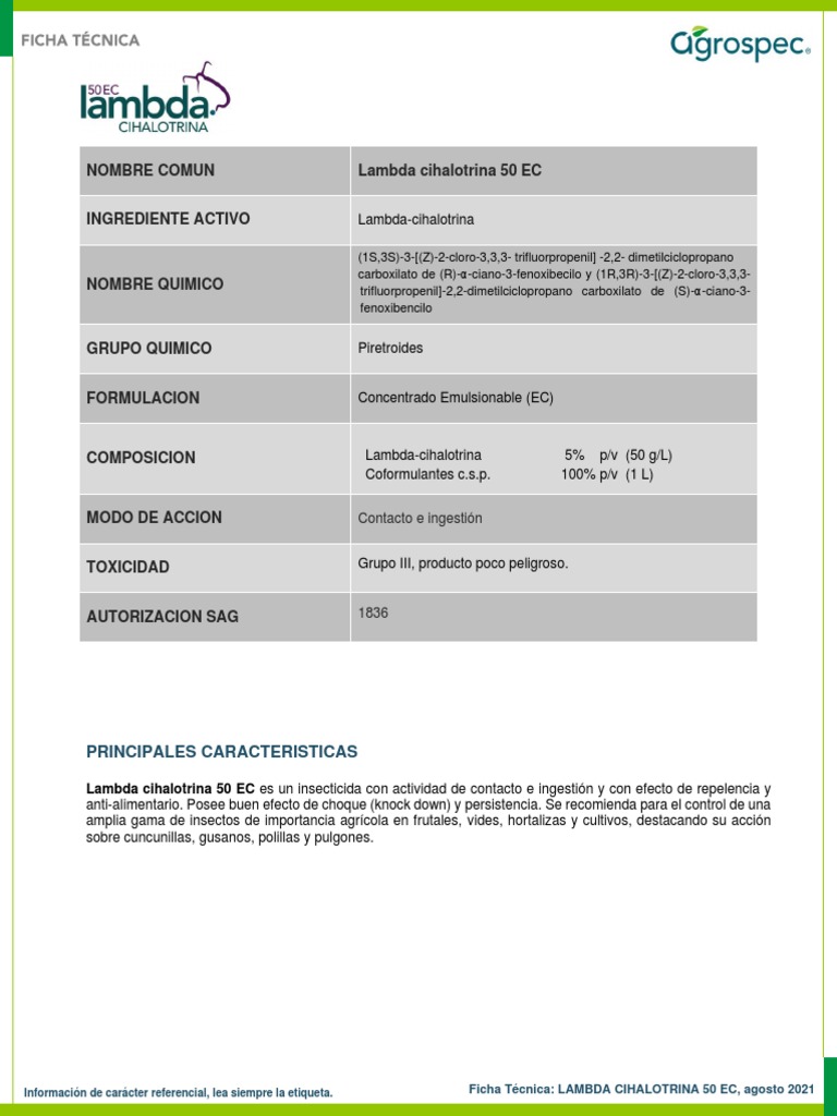 Ficha Técnica de Lambda Cihalotrina 50 EC | PDF | Cultivos | Cocina vegana