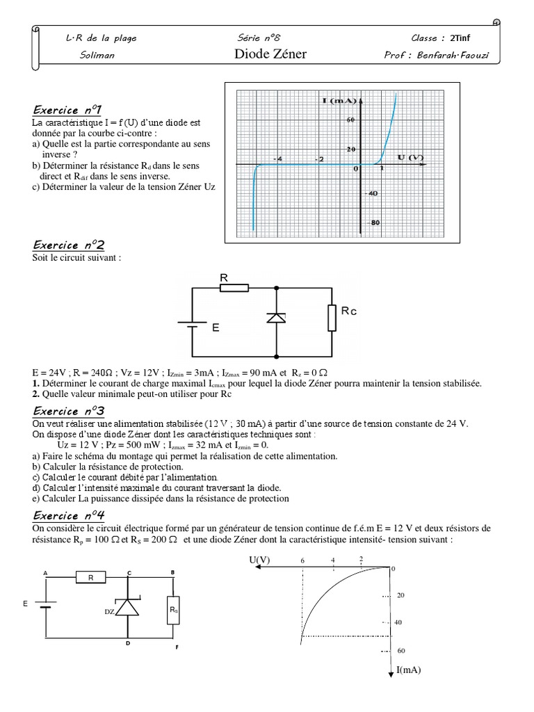 Exercices sur la diode Zéner | PDF | Diode | Résistance (électricité)