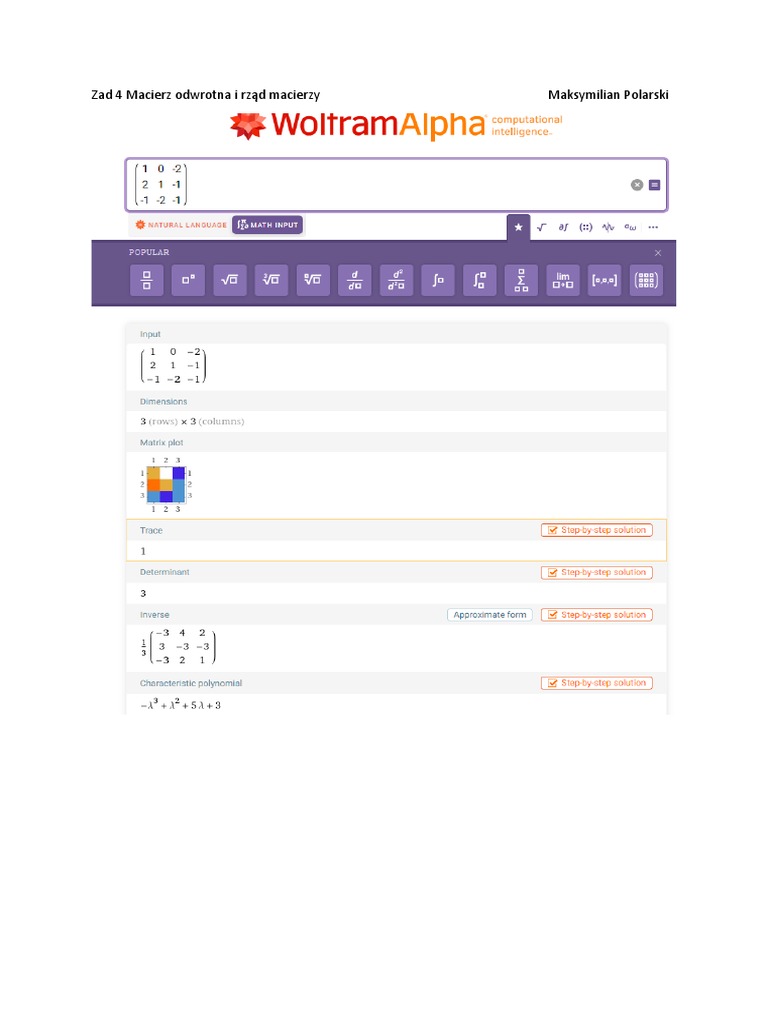 Zad 4 Macierz Odwrotna I Rząd Macierzy Maksymilian Polarski | PDF