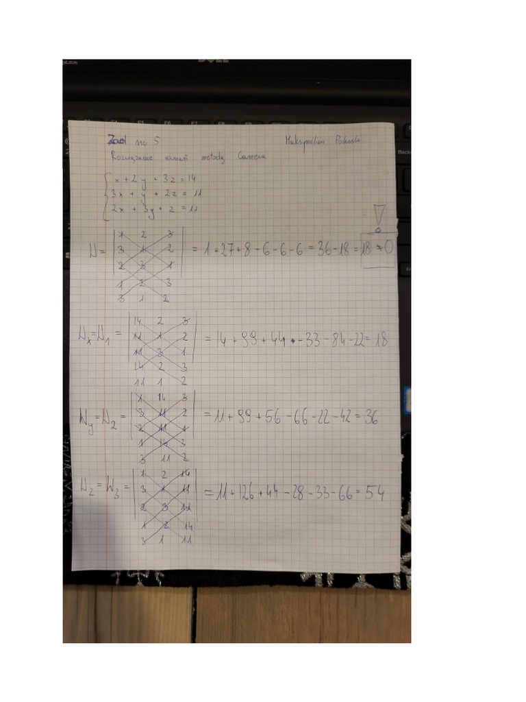 Zad 5 Rozwiązanie Układu Równań Metodą Cramera | PDF