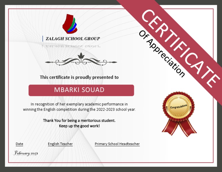 Student Certificate of Appreciation - Primary | PDF