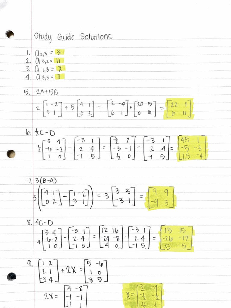 Unit 5 Matrices Study Guide Solutions | PDF