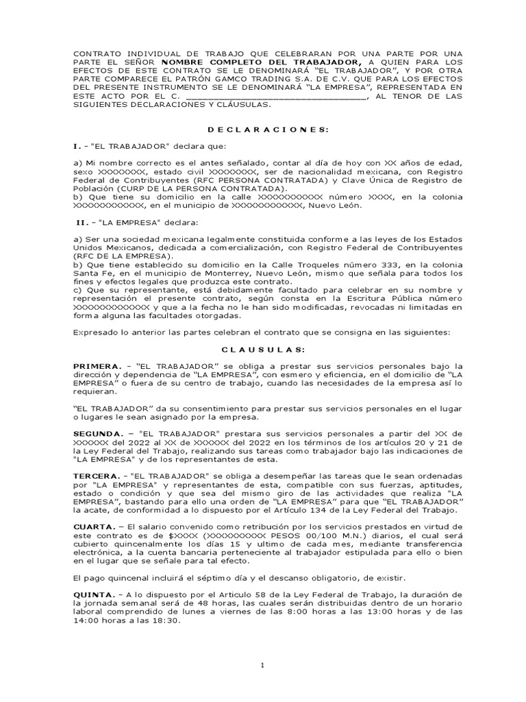 Contrato Individual de Trabajo | PDF | México | Salario