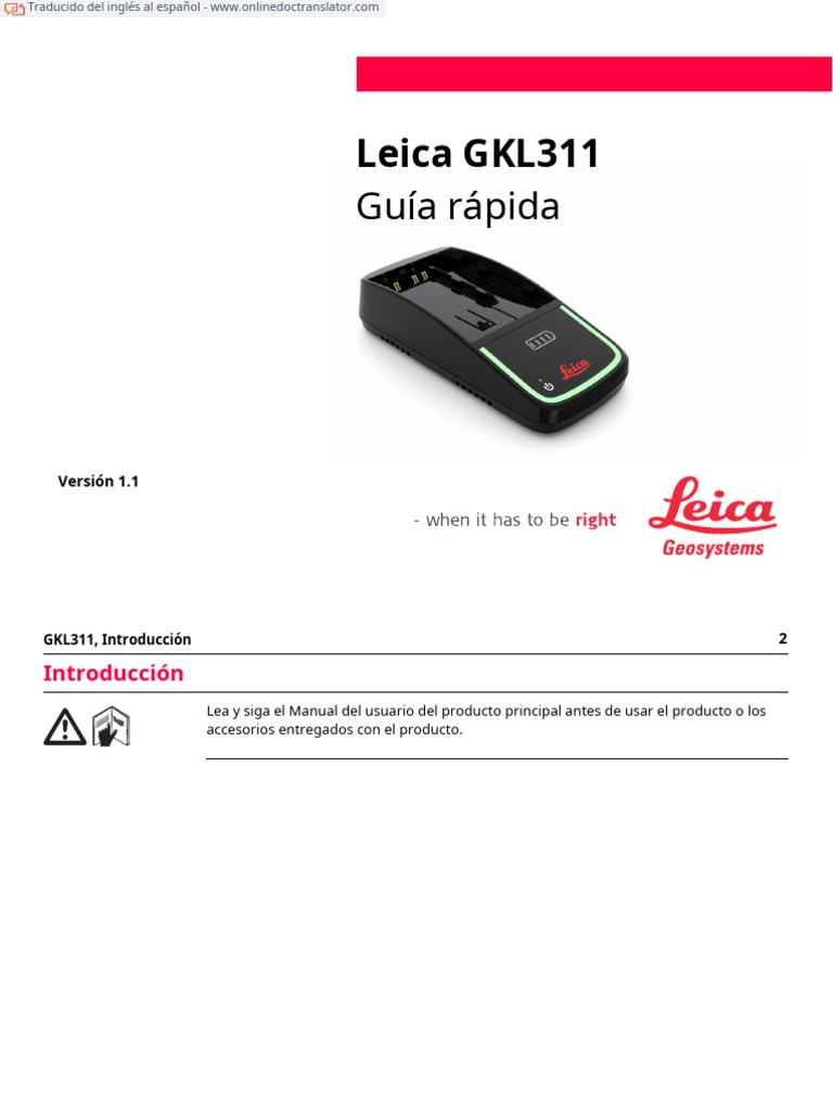 GUÍA RÁPIDA DE CARGADOR DE CARGADOR DE BATERÍA LEICA GKL311.en - Es ...
