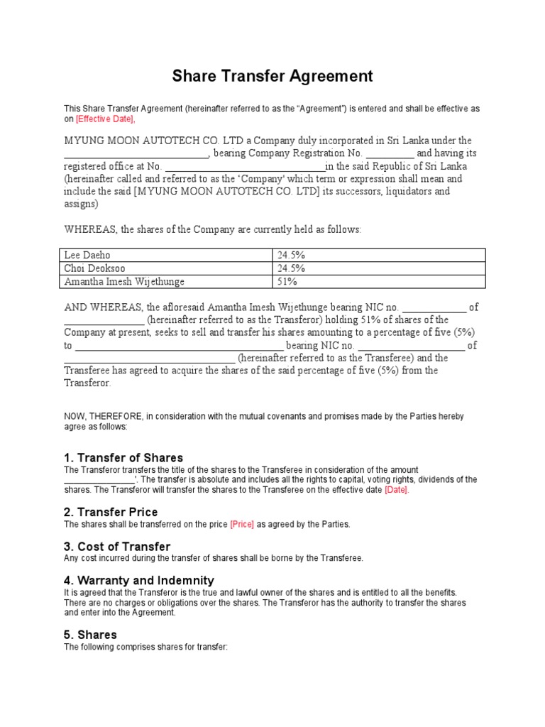 Share Transfer Agreement | PDF | Indemnity | Private Law