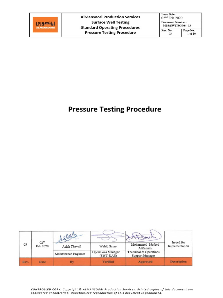 SOP - 04 - Pressure Testing Procedure - Rev03 | PDF | Valve | Calibration