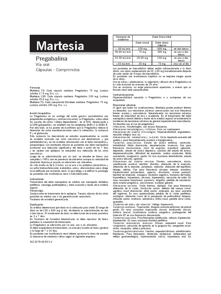Uso y efectos de Martesia (Pregabalina) | PDF | Medicamentos con receta ...