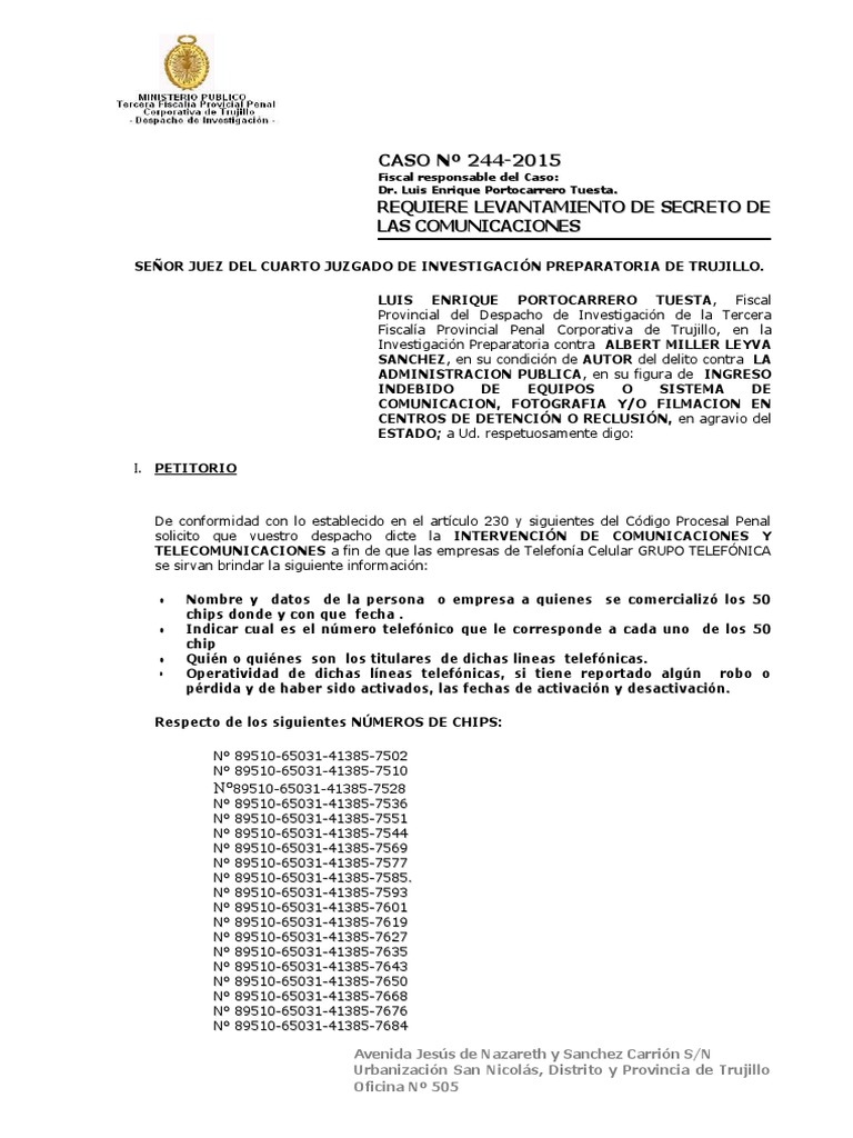 Modelo (Requerimiento) Levantamiento de Secreto de Las Comunicaciones | PDF | Castigos | Extorsión