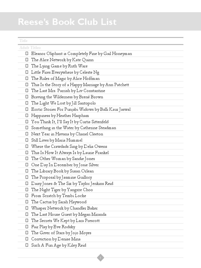 Reeses Book Club List 1 | PDF | Writers | Novels