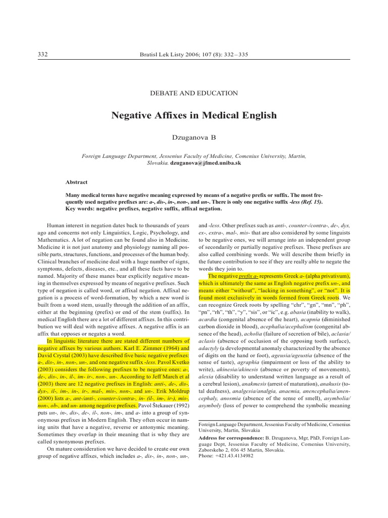 Negative Affixes in Medical English | PDF | English Language | Word