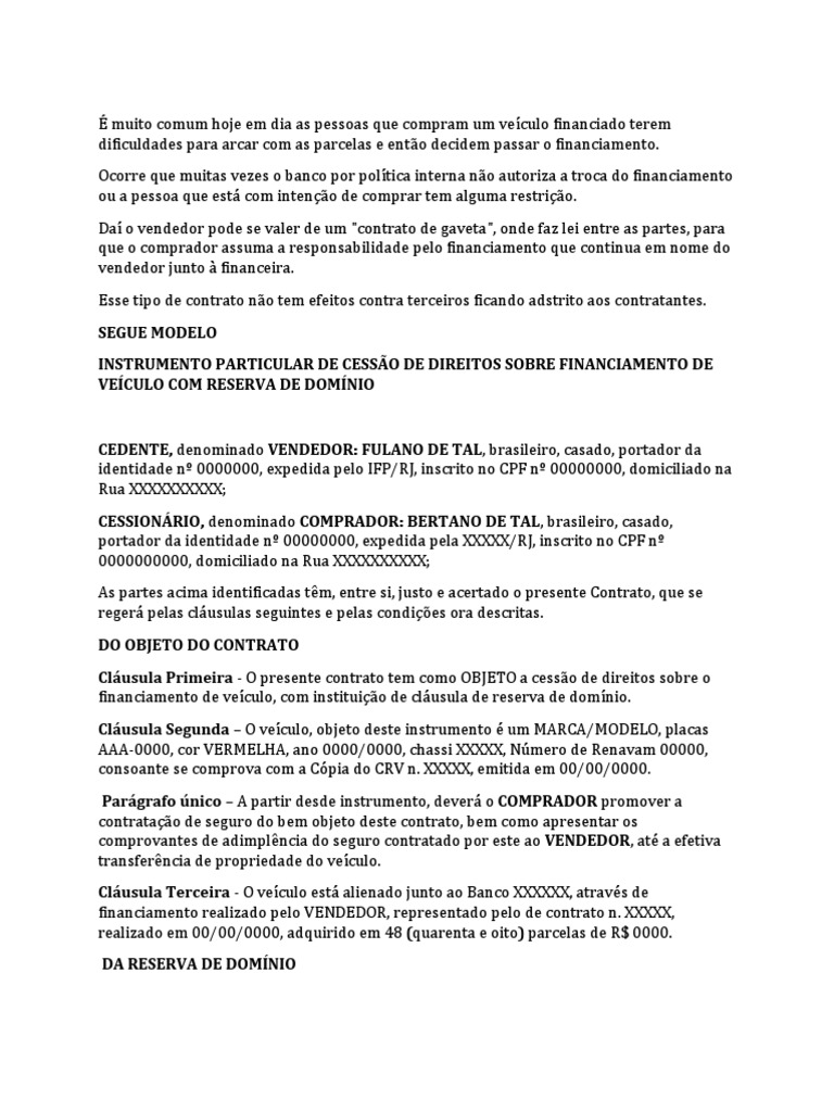 Modelo De Contrato De Cessao De Direitos Sobre Veiculo Financiado Vulgo