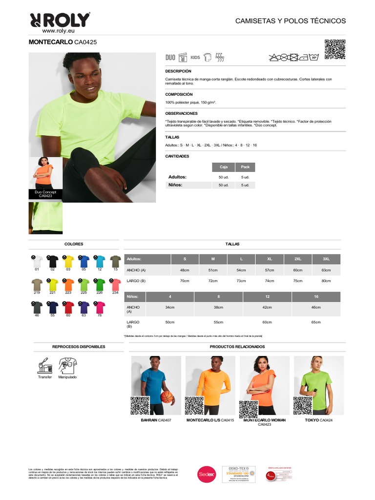 Roly Descripción Tallas Camiseta Montecarlo | PDF