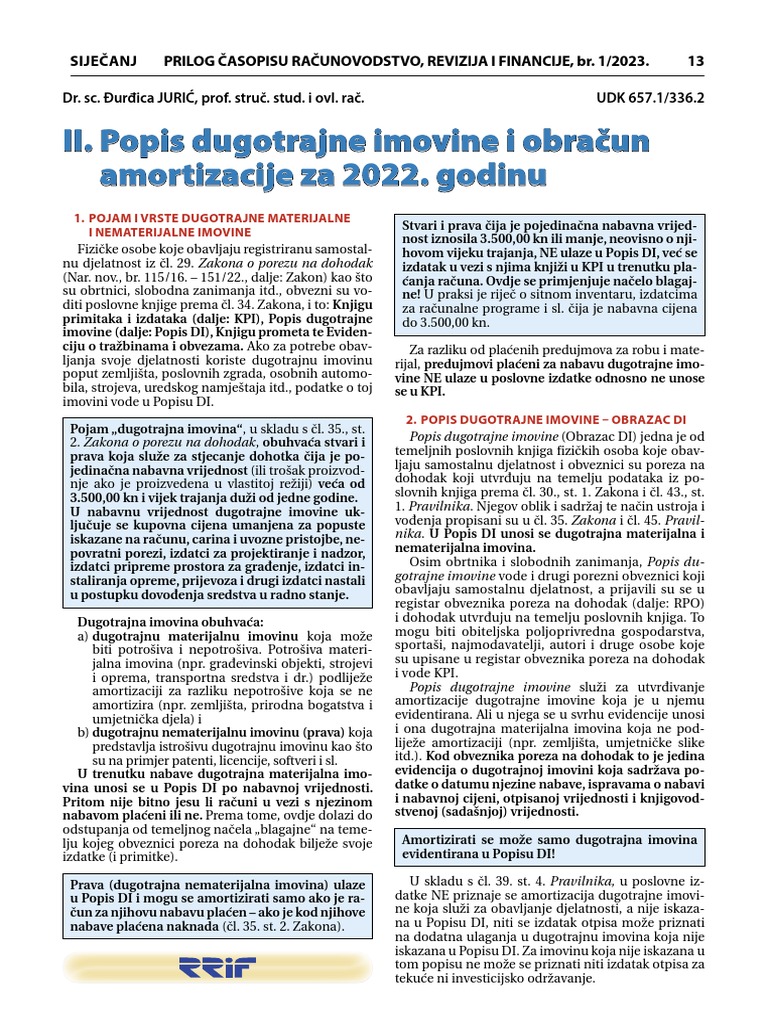 II. Popis Dugotrajne Imovine I Obračun Amortizacije Za 2022. Godinu | PDF