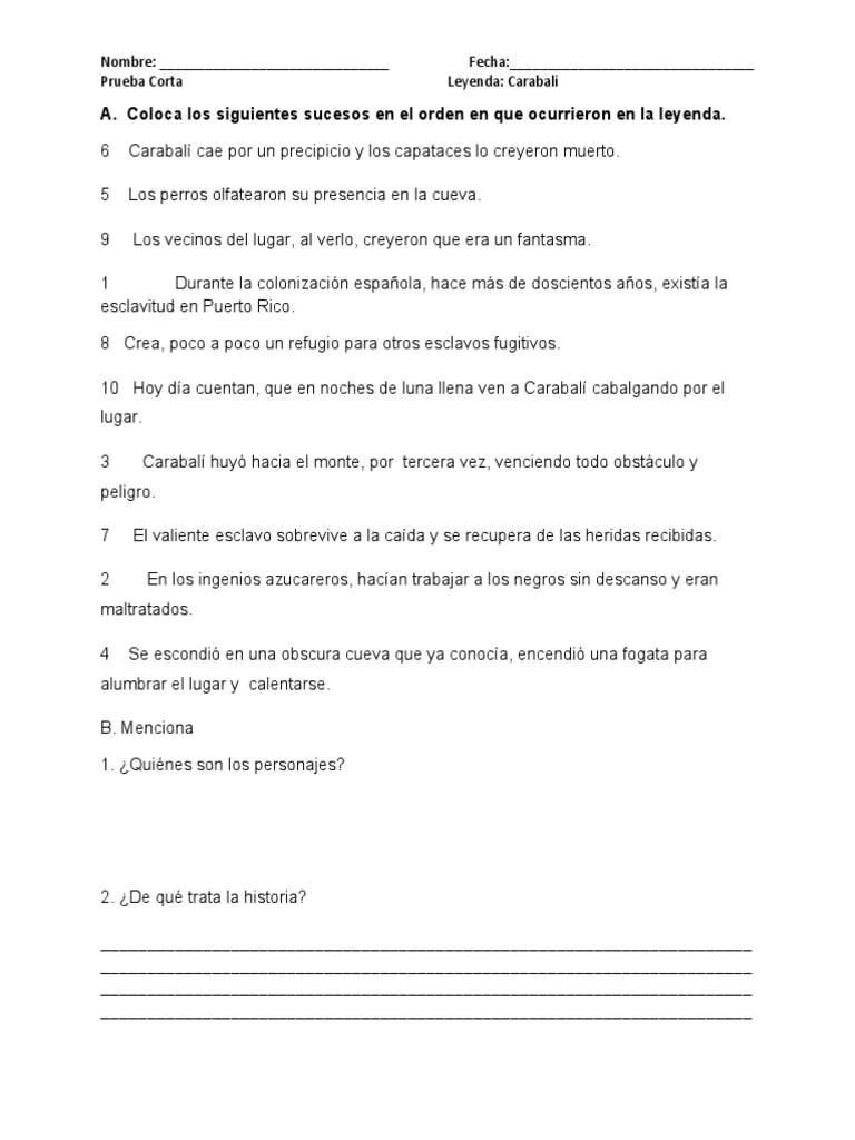 Leyenda de Carabalí: Resumen y Orden | PDF