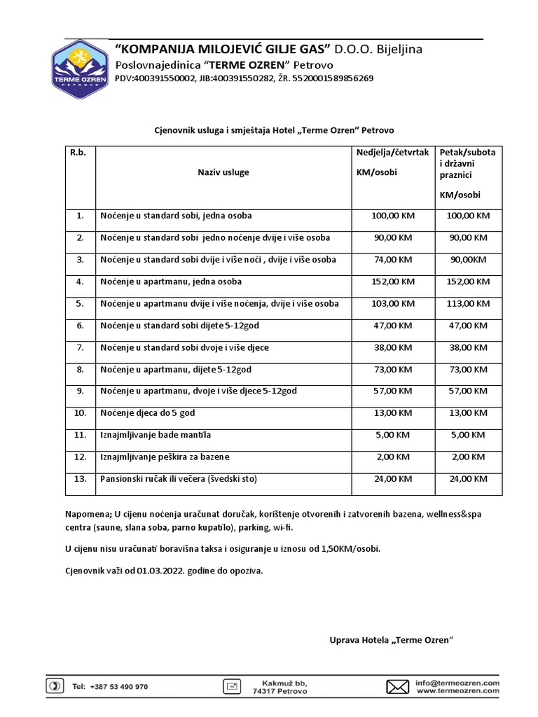 Novi Cjenovnik Smjestaja 2022 | PDF