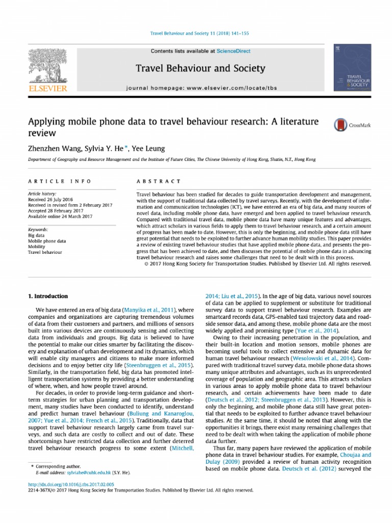 Applying Mobile Phone Data To Travel Behaviour Research A Literature