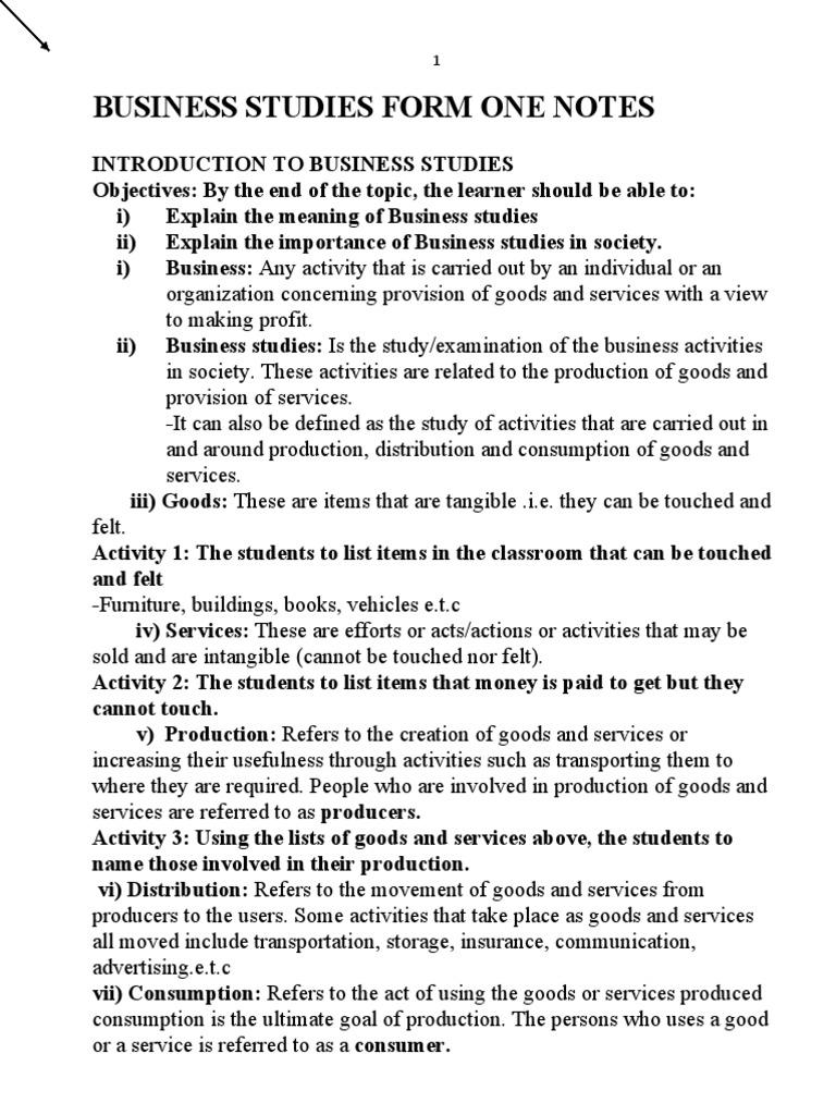 Business Studies Notes Form 1-4 | PDF | Entrepreneurship | Goods
